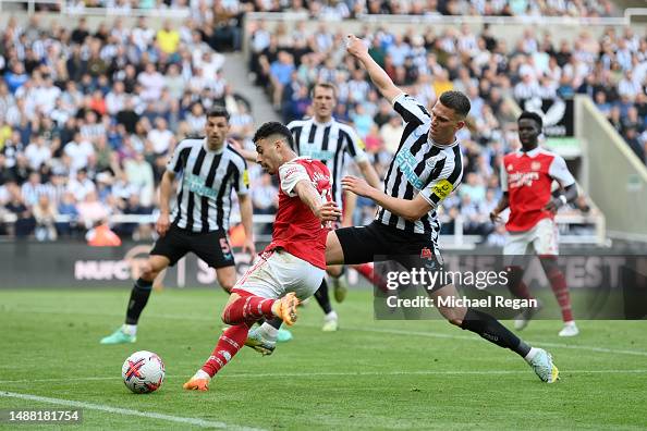 Gabriel Martinelli Of Arsenal Has A Shot Which Is Deflected By Fabian