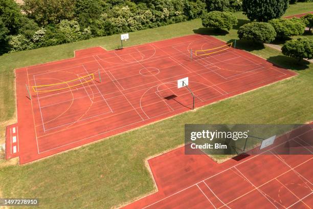 Aerial view of red playing fields 이미지 (1497278910) - 게티이미지뱅크