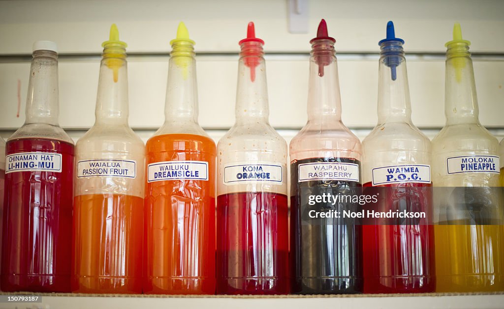 Bottles Of Hawaiian Shaved Ice Syrup On A Shelf Photo Getty Images
