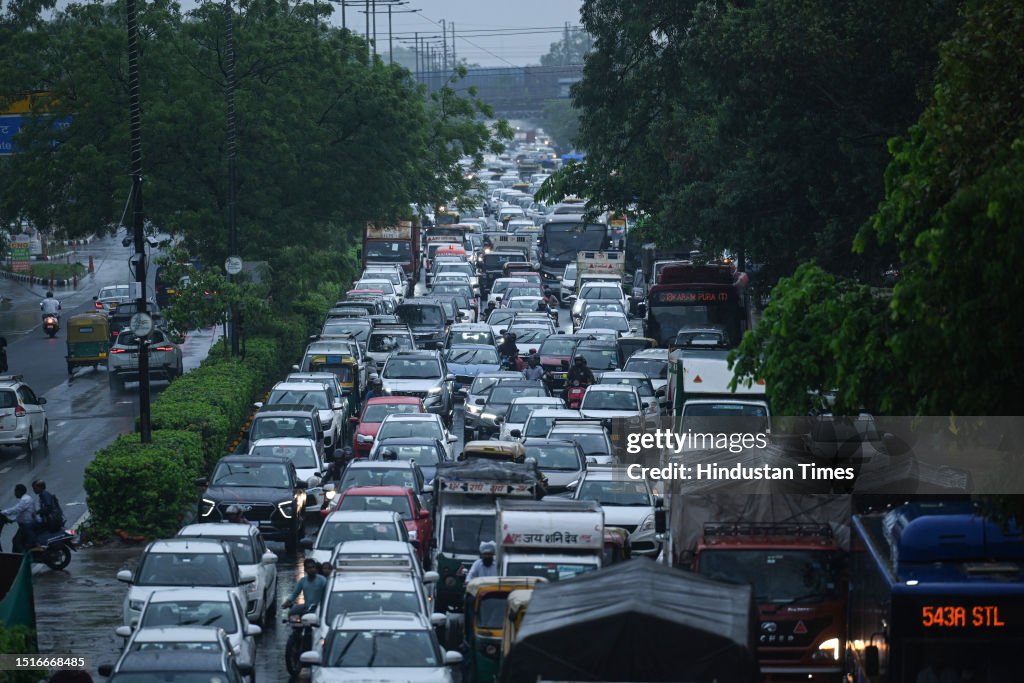 Long Snarls Of Traffic Seen Over Outer Ring Road After Heavy Rains At