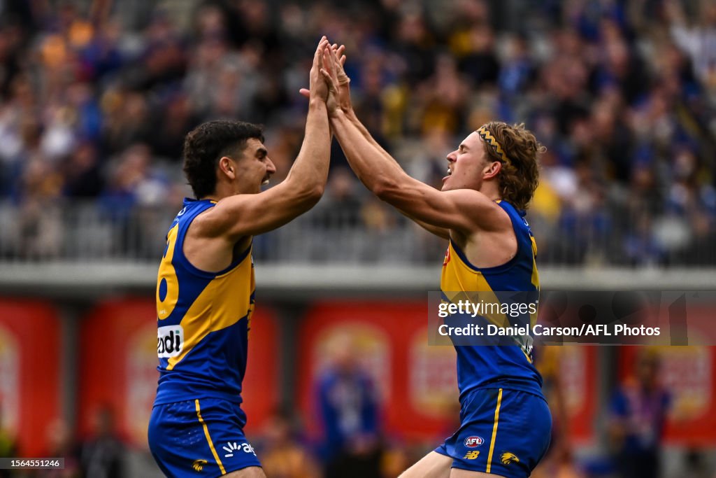 Jayden Hunt Of The Eagles Celebrates A Goal During The 2023 Afl Round