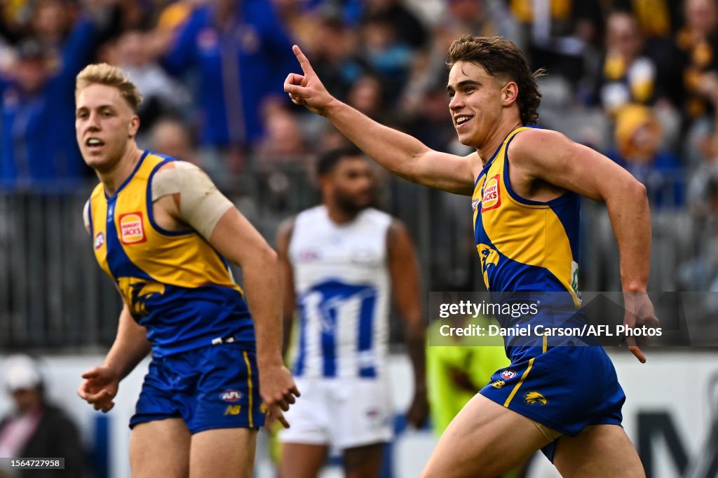 Elijah Hewett Of The Eagles Celebrates A Goal During The 2023 Afl