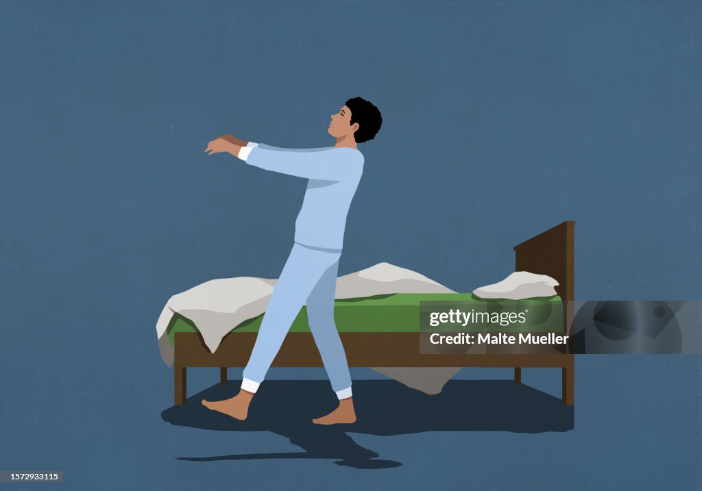 Man In Pajamas Sleepwalking Along Bed In Nighttime Bedroom High Res