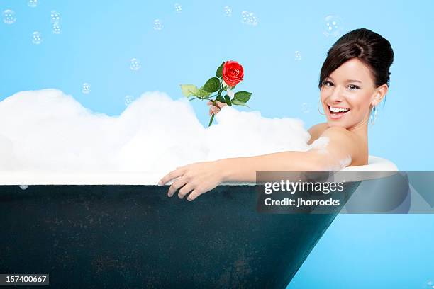 Attractive Brunette Young Woman Taking Bubble Bath Copy Space Photos