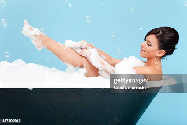 Attractive Brunette Young Woman Taking Bubble Bath Copy Space Photos