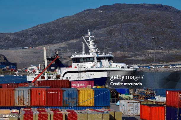 Avataq Fish Factory Ship (stern trawler) and cargo containers, Nuuk ...