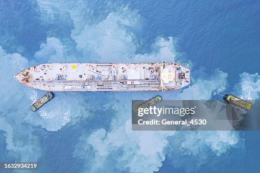 Aerial Top View Lng Tanker Anchored Container Was Dragged By Tug Boat To International Cargo