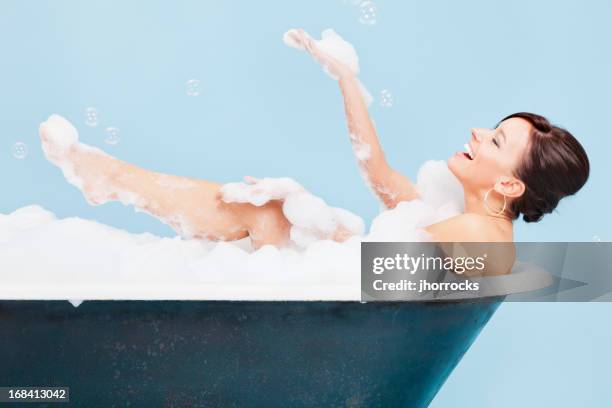 Attractive Brunette Young Woman Taking Bubble Bath Copy Space Photos