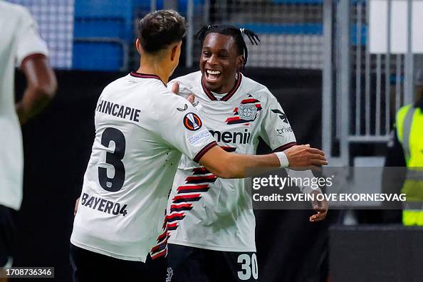 Bayer Leverkusens Dutch Defender Jeremie Frimpong Celebrates Scoring