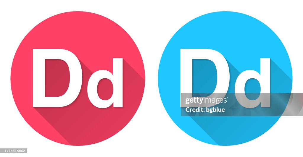 Letter D Uppercase And Lowercase Round Icon With Long Shadow On Red Or