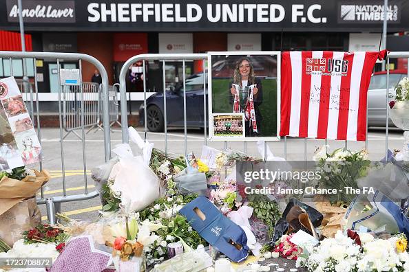 Tributes to Maddy Cusack of Sheffield United are seen outside the ... Tributes to Maddy Cusack of Sheffield United are seen outside the ...