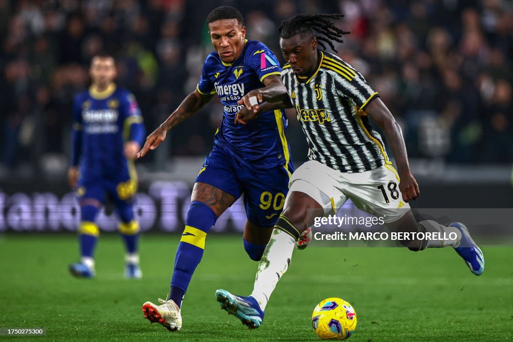 Juventus Italian Forward Moise Kean Fights For The Ball With Hellas