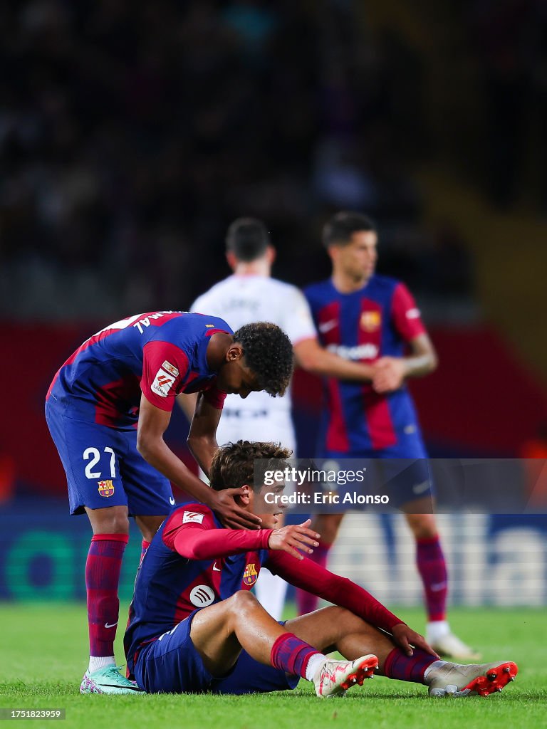 Marc Guiu Of Fc Barcelona Is Congratulated By Lamine Yamal After The