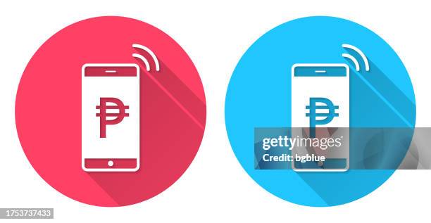 Mobile Payment With Peso Sign Round Icon With Long Shadow On Red Or