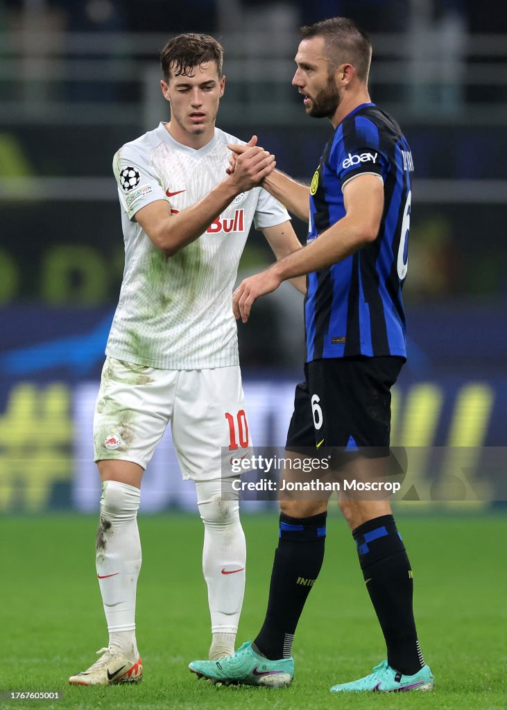 Luka Sucic Of Fc Salzburg Shakes Hands With Stefan De Vrij Of Fc