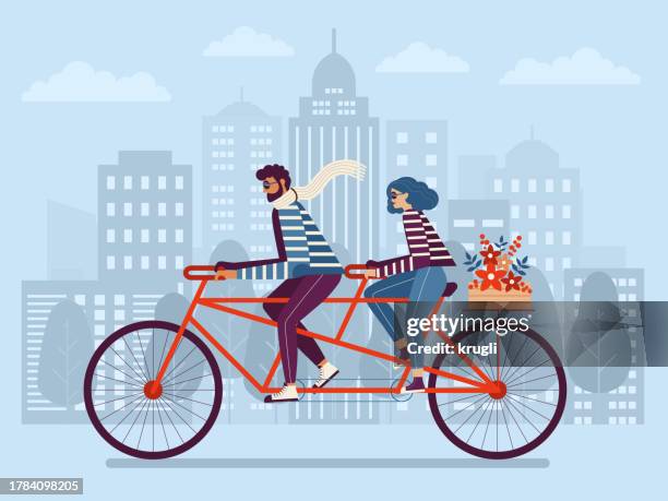 People Riding Tandem Bicycle Together in City 이미지 (1784098205) - 게티이미지뱅크