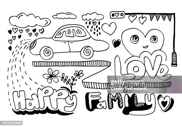 Vector illustration of cartoon happy family car, cloud, heart and text ...