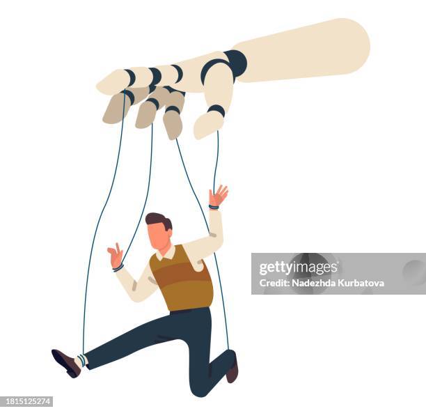 Robot puppeteer controlling man. Marionette victim on threads. Robotic ...