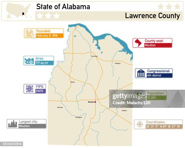 Detailed infographic and map of Lawrence County in Alabama USA. 이미지 ...