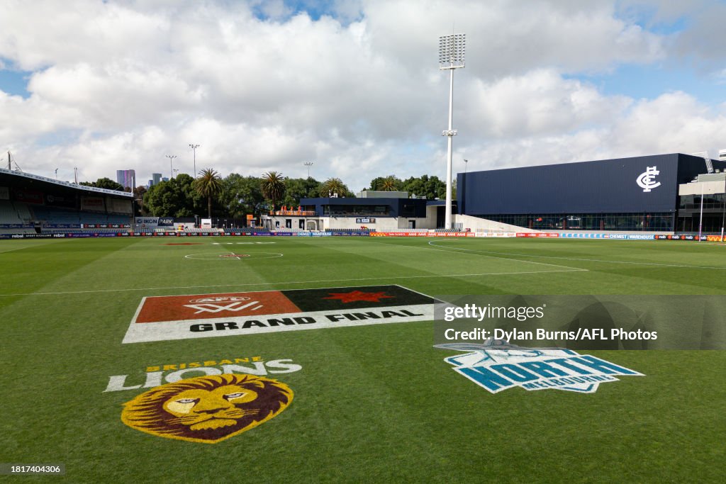 Grass Signage Is Seen Before The 2023 Aflw Grand Final Match Between