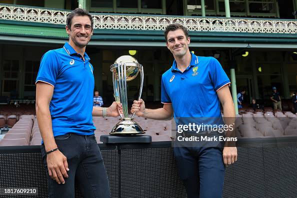 Mitchell Starc and Australian captain Pat Cummins pose with the ICC ... Mitchell Starc and Australian captain Pat Cummins pose with the ICC ...