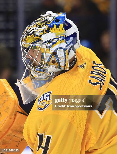 The Artwork On The Mask Of Nashville Predators Goalie Juuse Saros Is