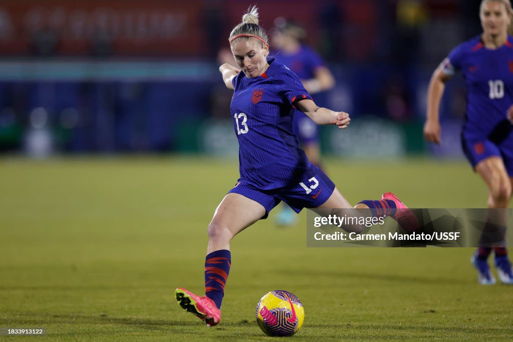 Jenna Nighswonger Of The United States Strikes The Ball During The