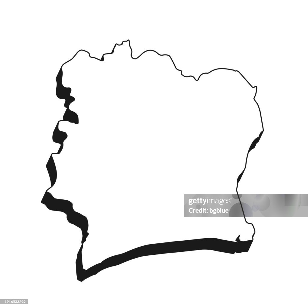 Ivory Coast Map With Black Outline And Shadow On White Background High