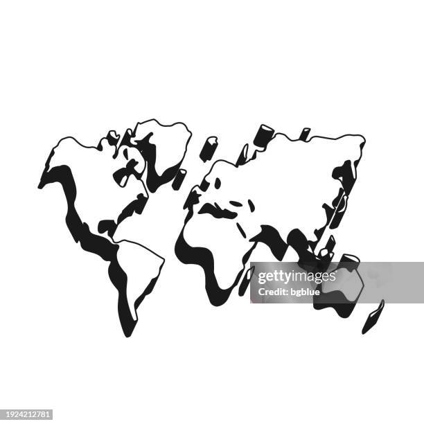 World Map With Black Outline And Shadow On White Background High Res