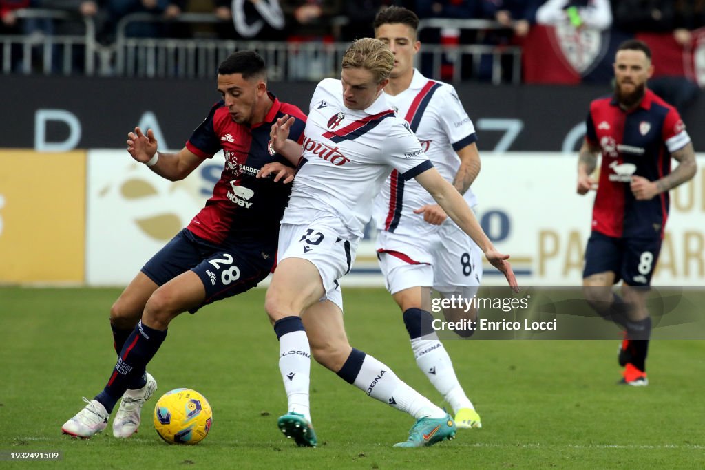 Gabriele Zappa Of Cagliari In Action Against Victor Kristiansen Of
