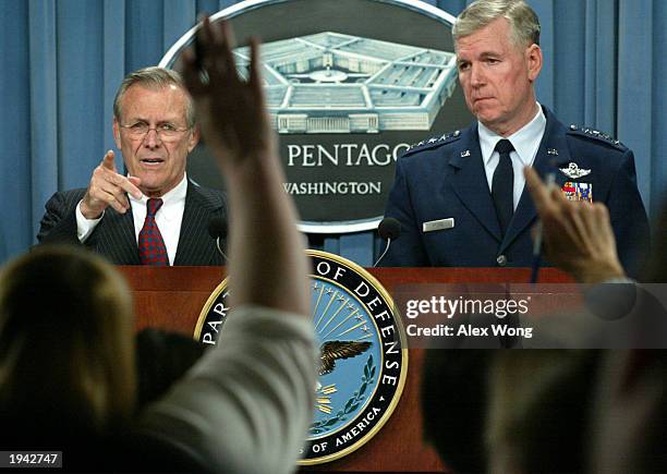 Secretary Of Defense Donald Rumsfeld Speaks At The Pentagon Photos And