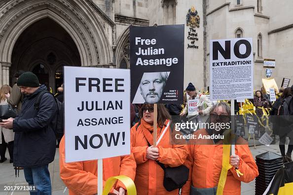 Supporters Of Julian Assange Demonstrate Outside The Royal Courts Of