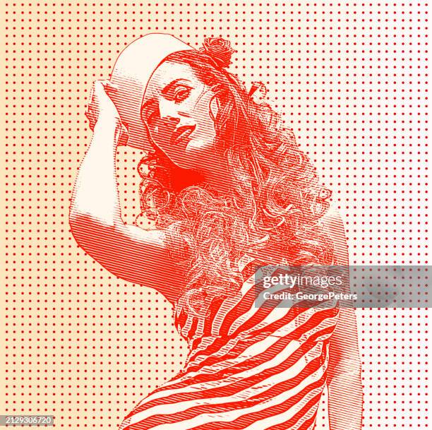 Retro Style Woman Wearing Vintage Sailor Hat And Vintage Dress High Res