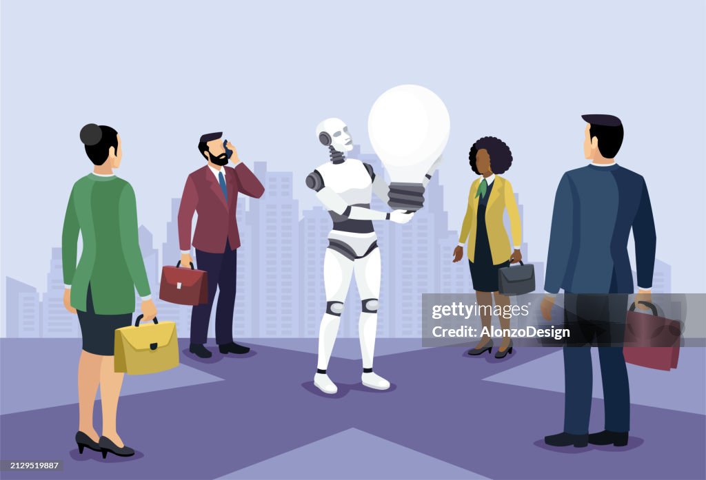 The Chatbot Robot Presenting An Idea To Businesspeople High-Res Vector ... The Chatbot Robot Presenting An Idea To Businesspeople High-Res Vector ...