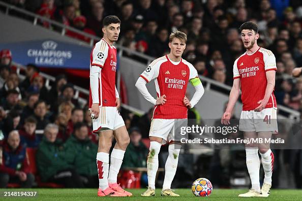 Kai Havertz Martin Odegaard Declan Rice Of Arsenal During The Uefa