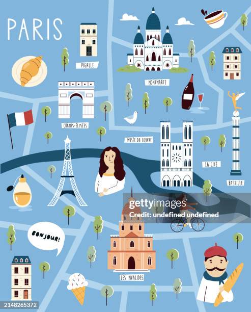 Illustration artistiques | Colorful illustrated cartoon map of Paris ...