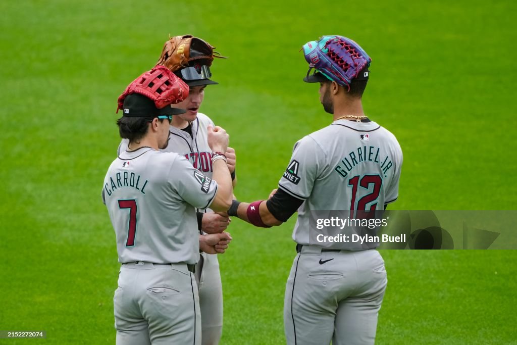 Corbin Carroll, Jake McCarthy, and Lourdes Gurriel Jr. #12 of the ... Corbin Carroll, Jake McCarthy, and Lourdes Gurriel Jr. #12 of the ...