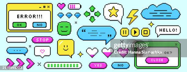 Pixel dialogue boxes, speech bubbles, buttons, message frames and retro ...