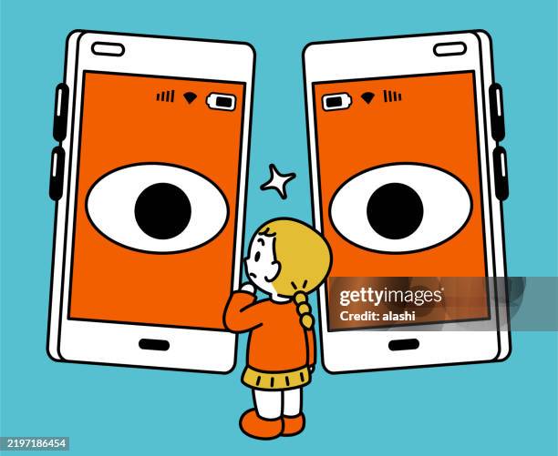 A Cute Girl Is Being Watched By Two Smartphones With Big Eyes
