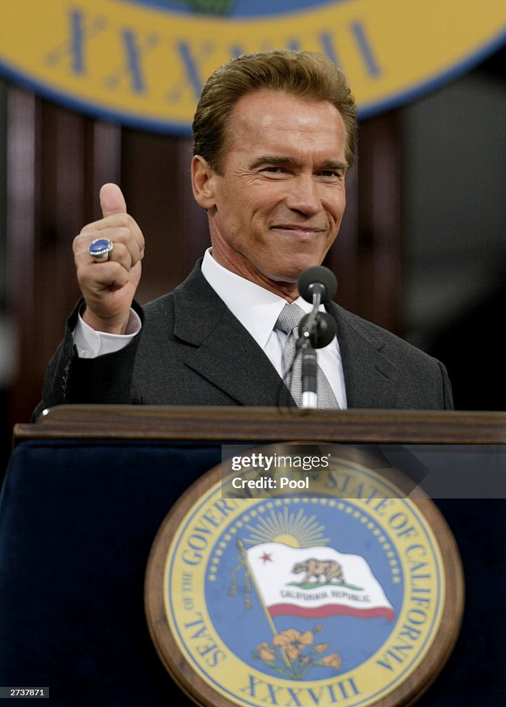 California Governor Arnold Schwarzenegger Gives A Thumbs Up At The
