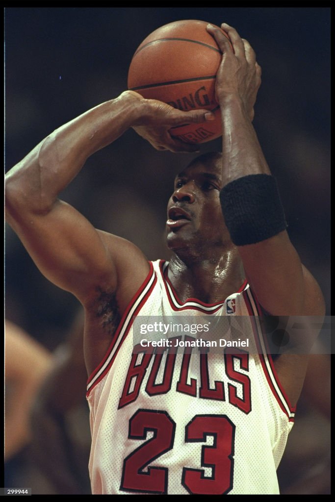 Guard Michael Jordan of the Chicago Bulls attempts a free throw ... Guard Michael Jordan of the Chicago Bulls attempts a free throw ...