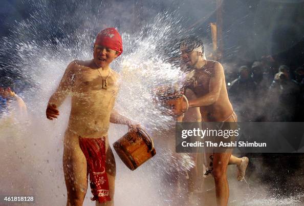Men Wearing Only Loincloths Splash Hot Water Each Other At Minus 3