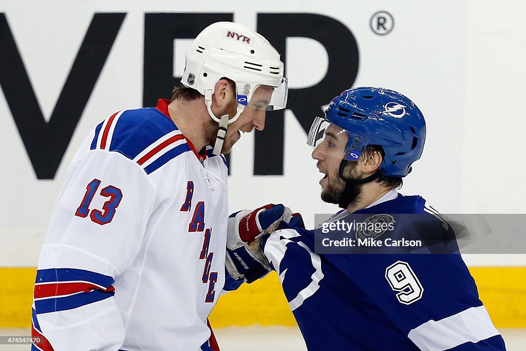 Kevin Hayes Of The New York Rangers Argues With Tyler Johnson Of The