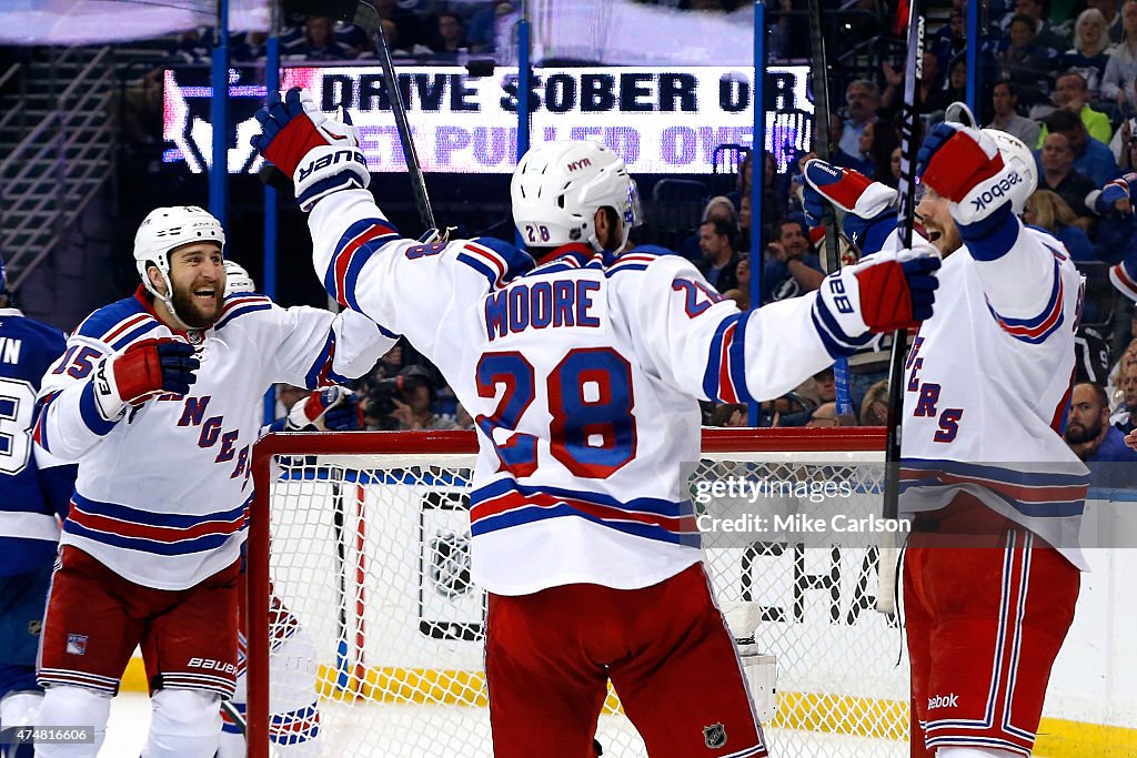 J T Miller Of The New York Rangers Celebrates With His Teammates