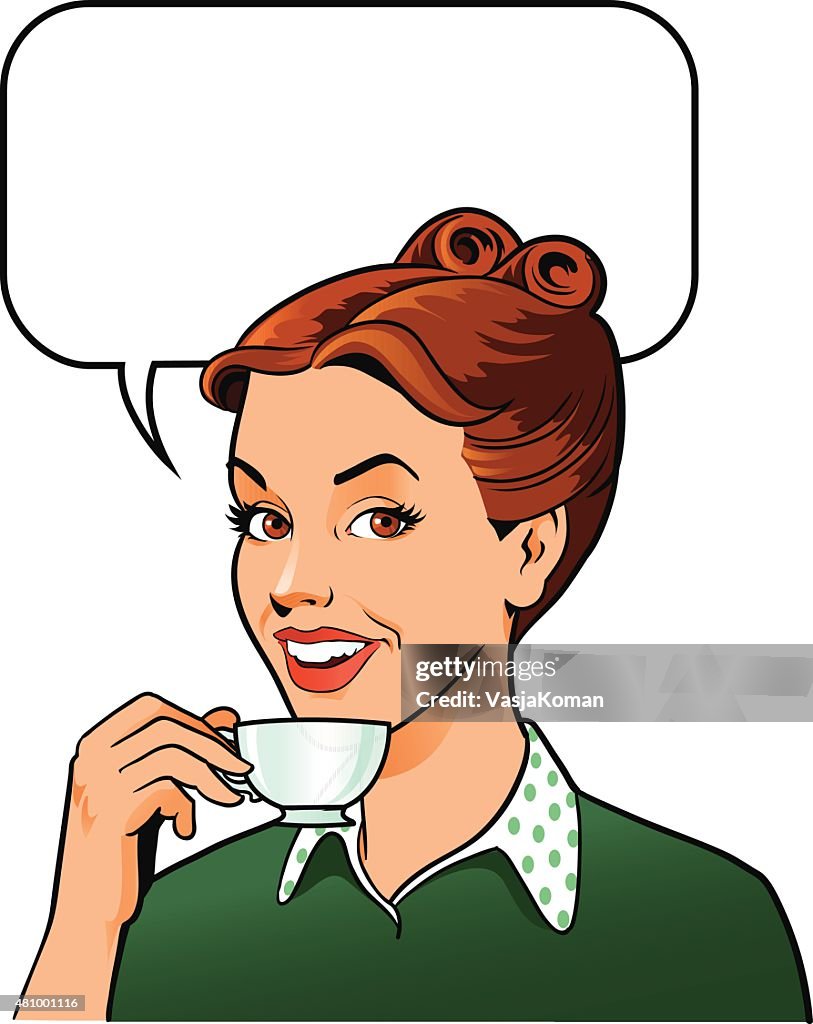 Rétro Femme Buvant Un Café En Tenant La Tasse De Café Illustration