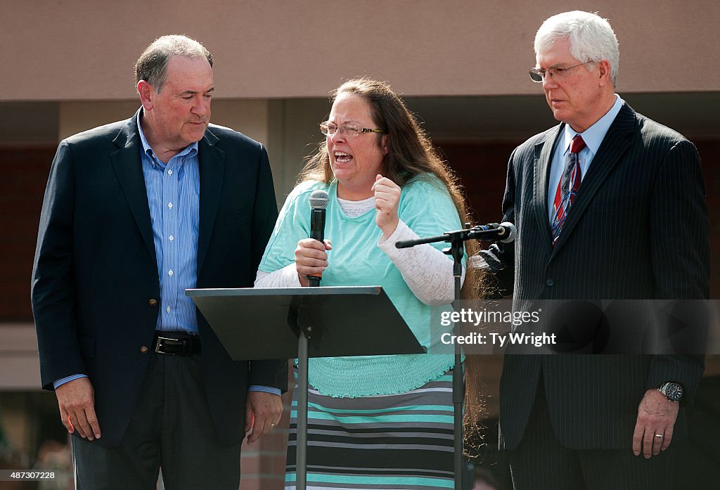 Rowan County Clerk Of Courts Kim Davis Speaks Next To Her Attorney