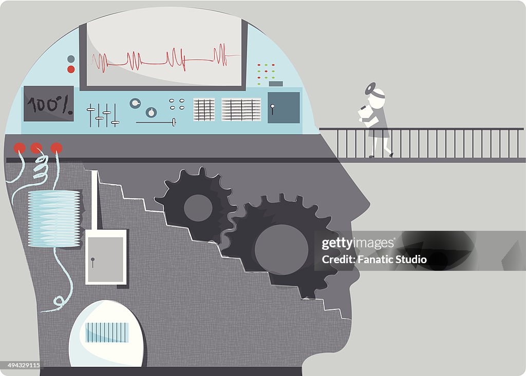 Mechanic With Human Head Consisting Of Machinery And Graph Depicting ... Mechanic With Human Head Consisting Of Machinery And Graph Depicting ...