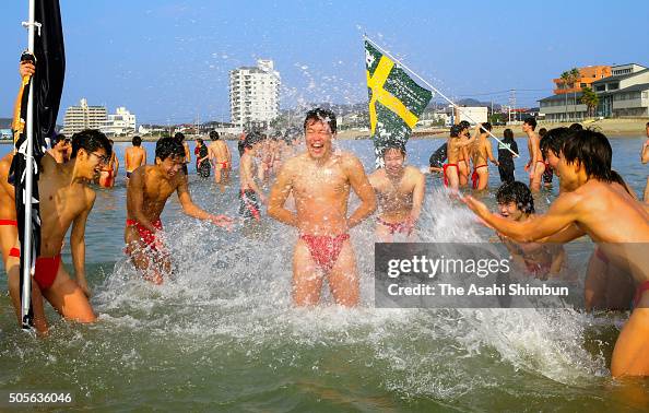 New 20 Years Old Men Wearing Red Fundoshi Loincloths Splash Water