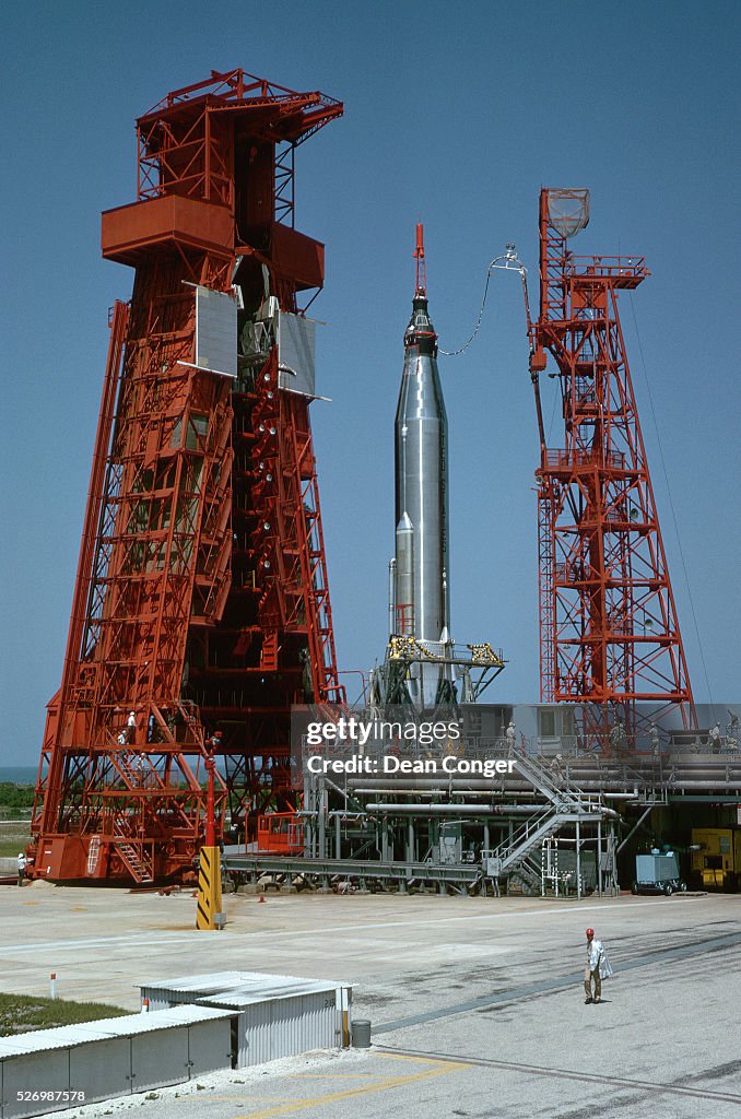 A Mercury Atlas Rocket Stands On A Launch Pad At Cape Canaveral Air
