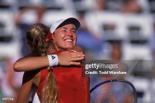 Martina Hingis And Anna Kournikova Celebrate During The Acura Tennis